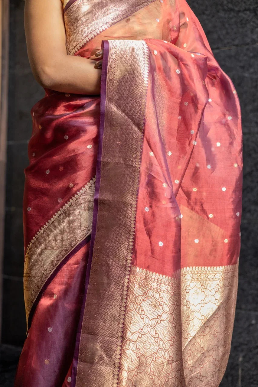 Maroon Pure Silk Banarasi Saree with Kadhwa Sona Rupa Butis