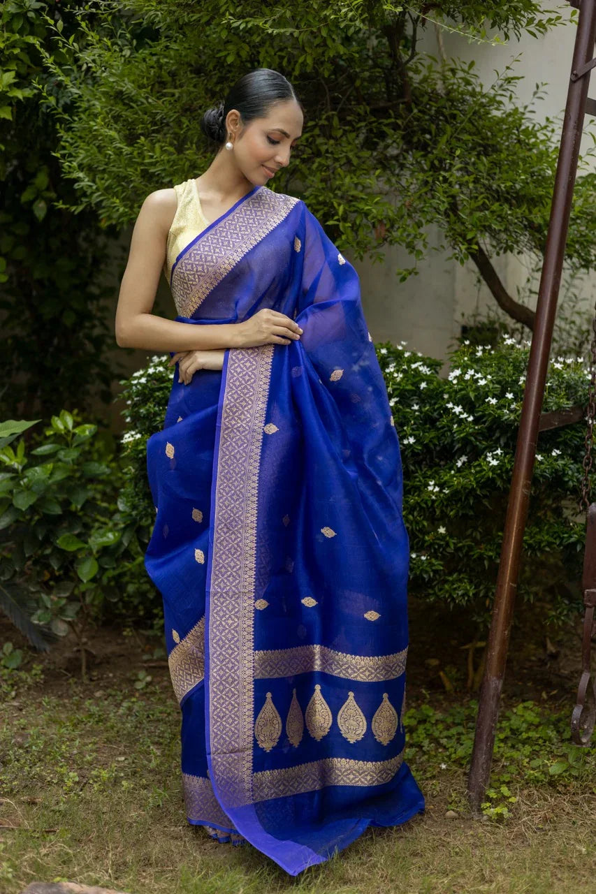 Purple Pure Kora Silk Banarasi Saree with Zari Butis & Border