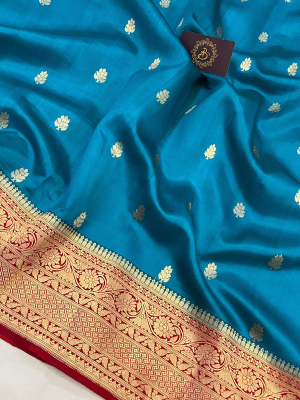 Firozi Blue Pure Banarasi Handloom Silk Saree - Aura Benaras