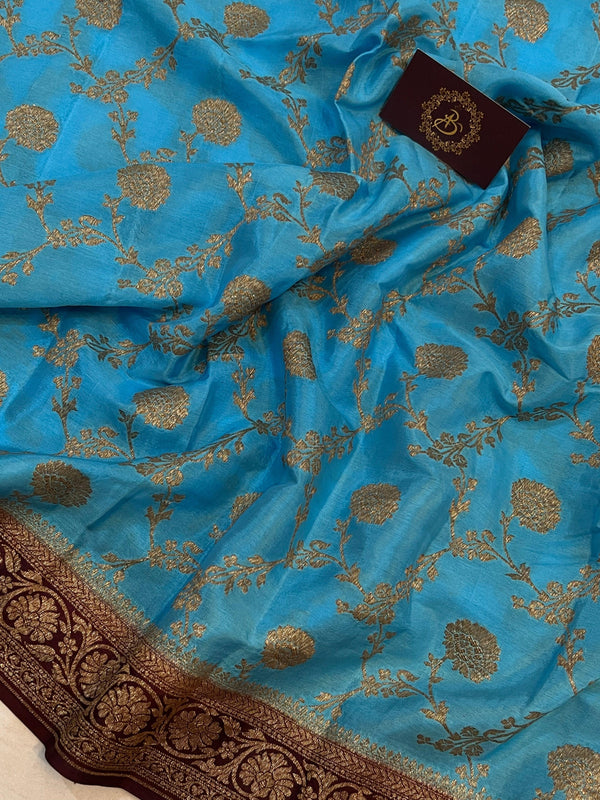 Firozi Blue Pure Banarasi Khaddi Crepe Silk Saree - Aura Benaras ...