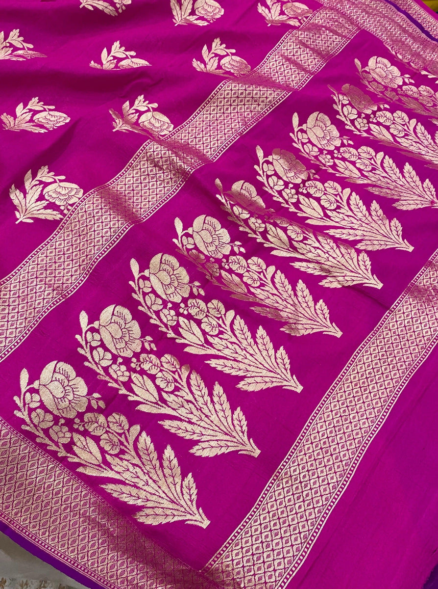 Rani Pink Banarasi Handloom Pure Tussar Georgette Silk Saree - Aura Benaras