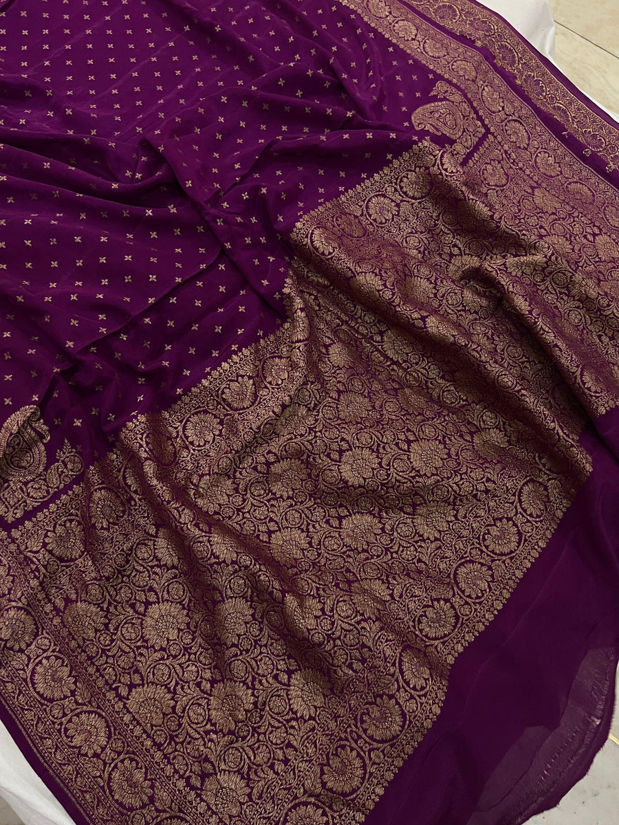 Wine Pure Banarasi Khaddi Crepe Silk Saree - Aura Benaras