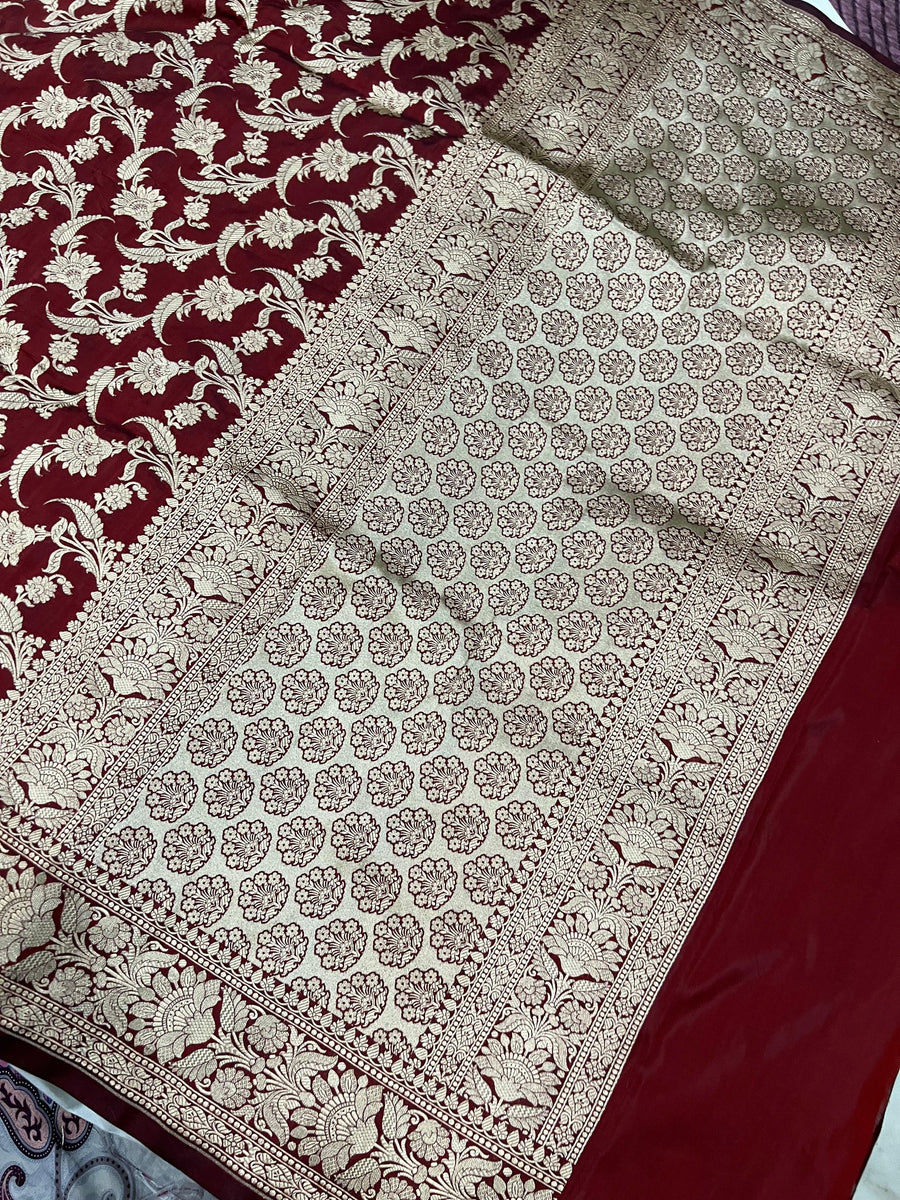 Deep Maroon Pure Banarasi Handloom Katan Silk Saree - Aura Benaras